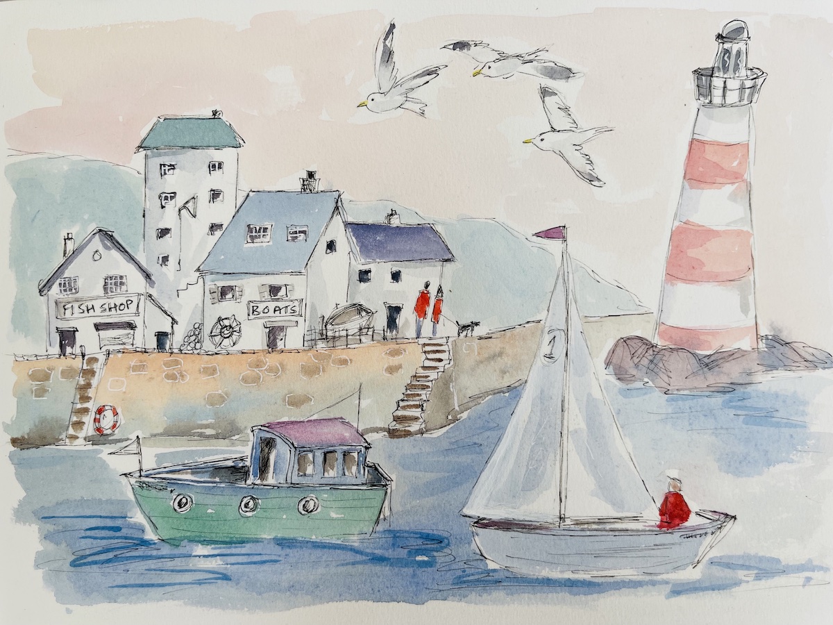 Watercolor Fishing Harbor Scene | Diane Antone Studio